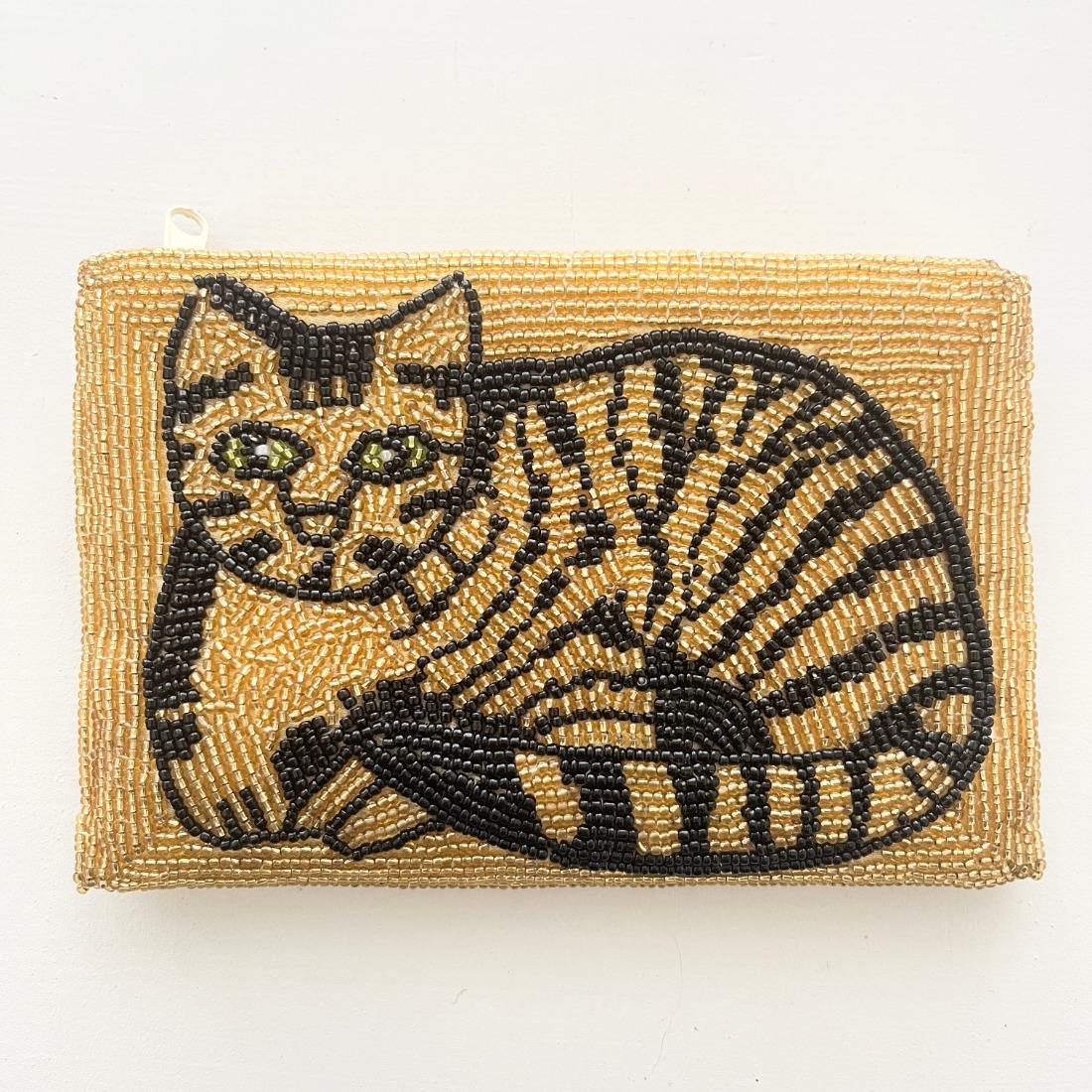 Lee Sands Clutch Purse Gold Black Beaded Cat