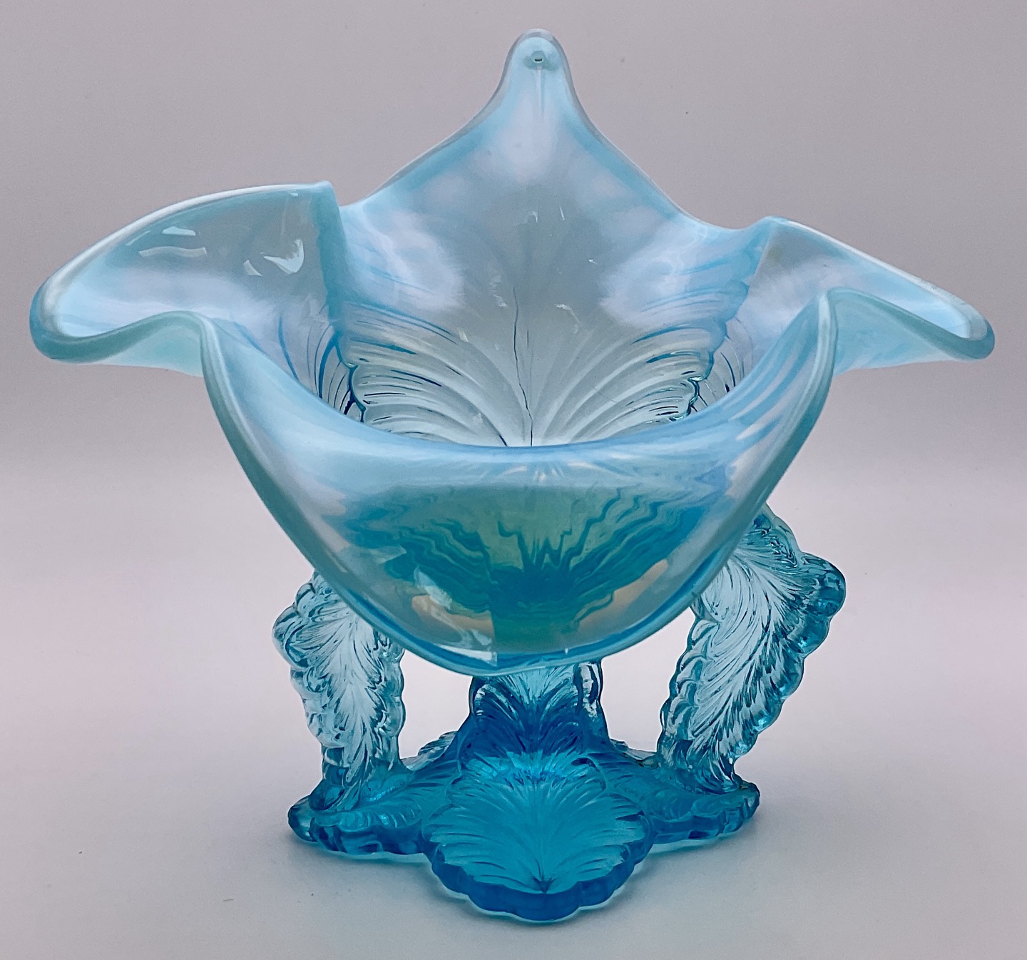 Antique Northwood Leaf Chalice Opalescent Aqua BLue Jewelry Dish Vanity ...