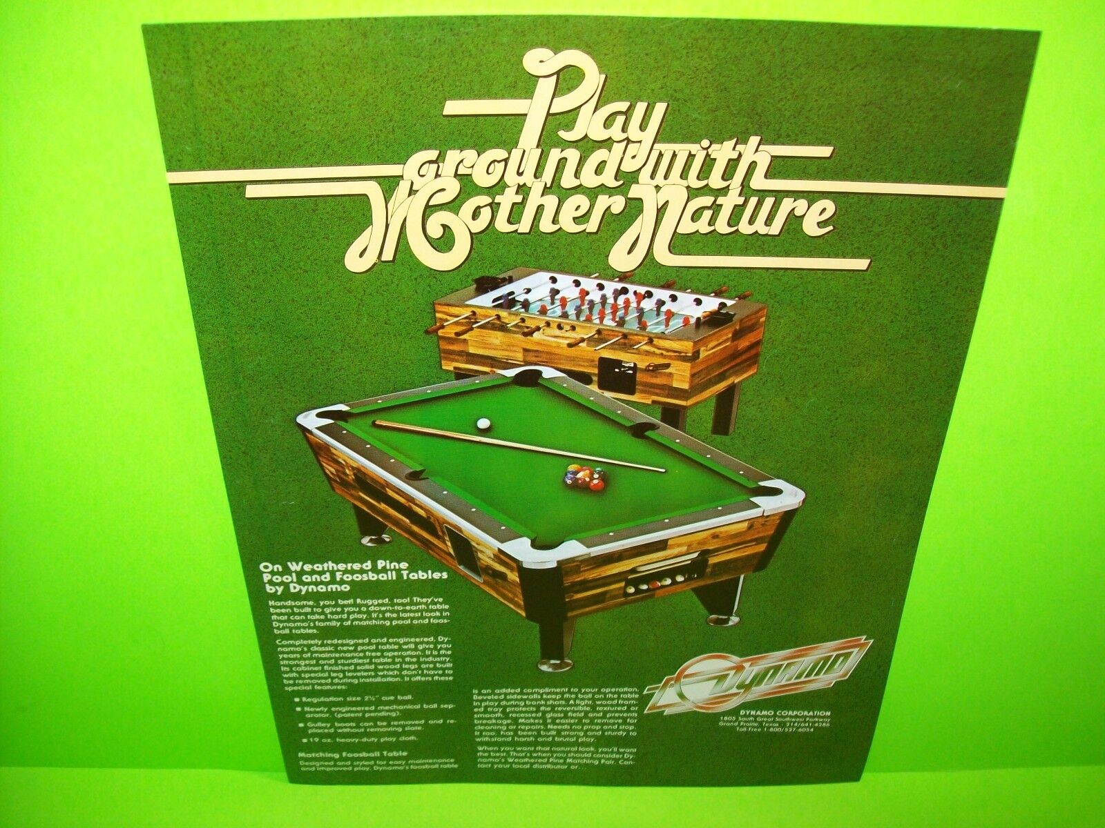 POOL TABLE FOOSBALL FLYER Original Arcade Game Promo Paper Advertising ...