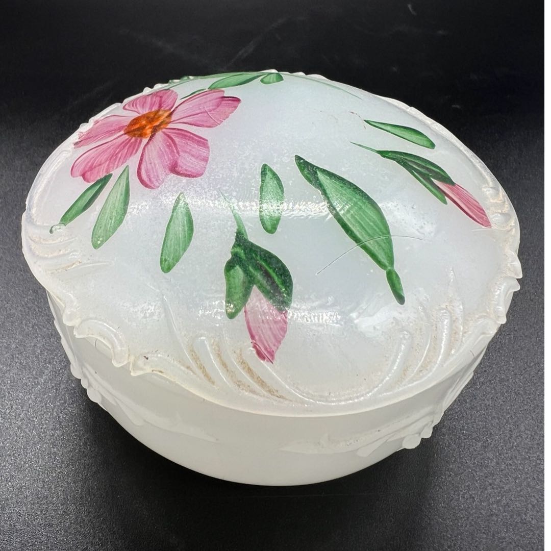 Antique Translucent Milk Glass Hand Painted Pink Floral Vanity Trinket ...