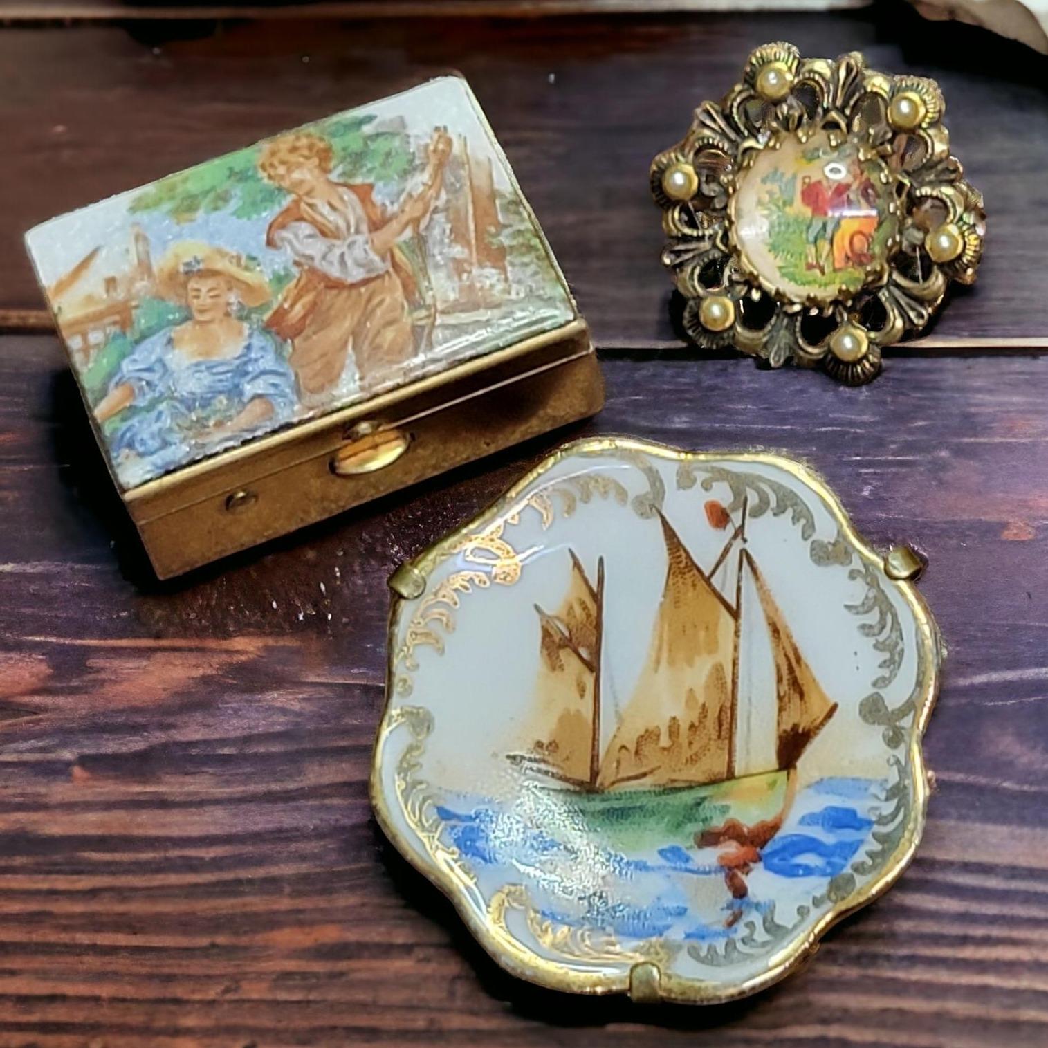Vintage Trio Limoge France Clipper Ship Brooch, Courting Couple ...