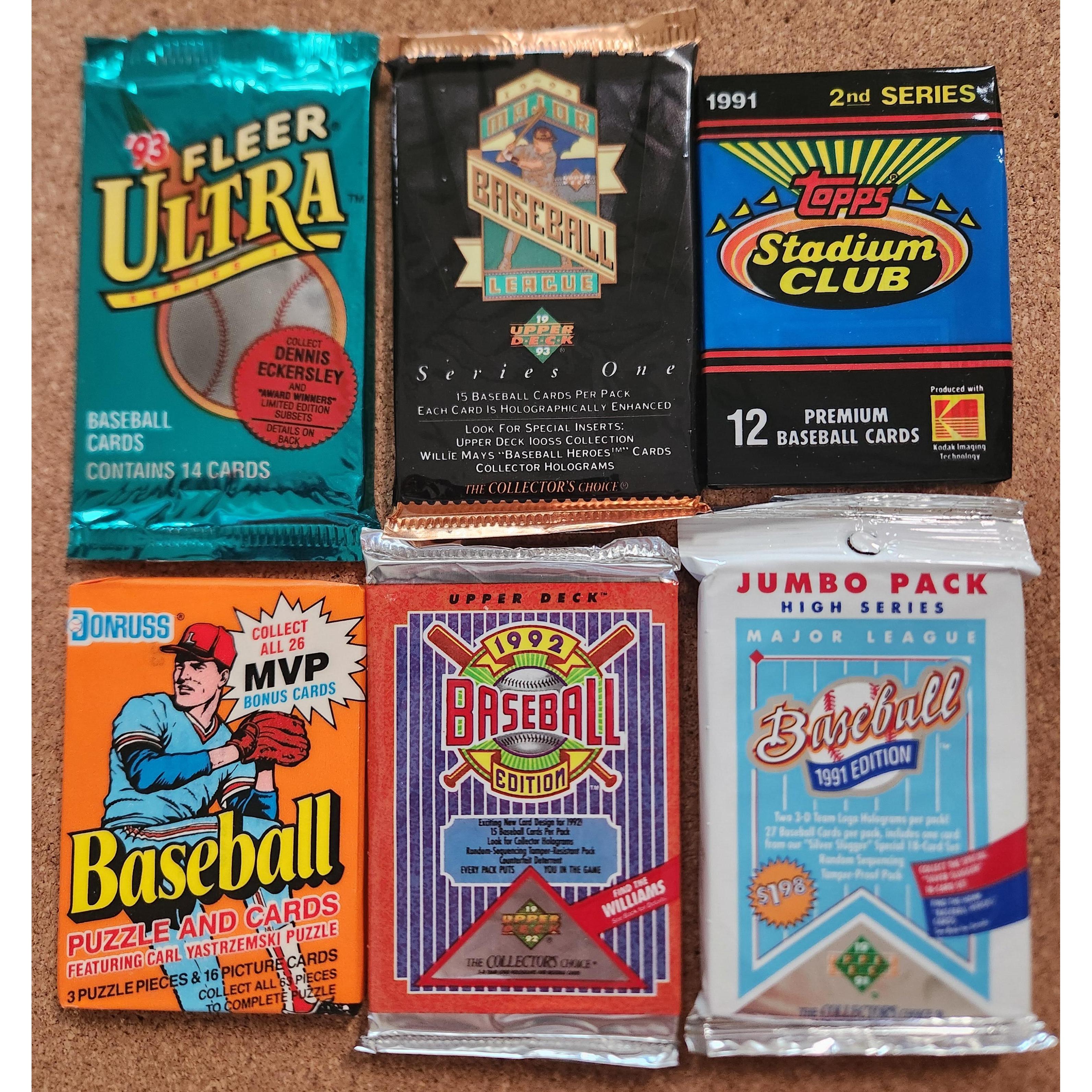 Lot of (6) Vintage Unopened Baseball Packs Topps/Fleer/Upper Deck/Donruss
