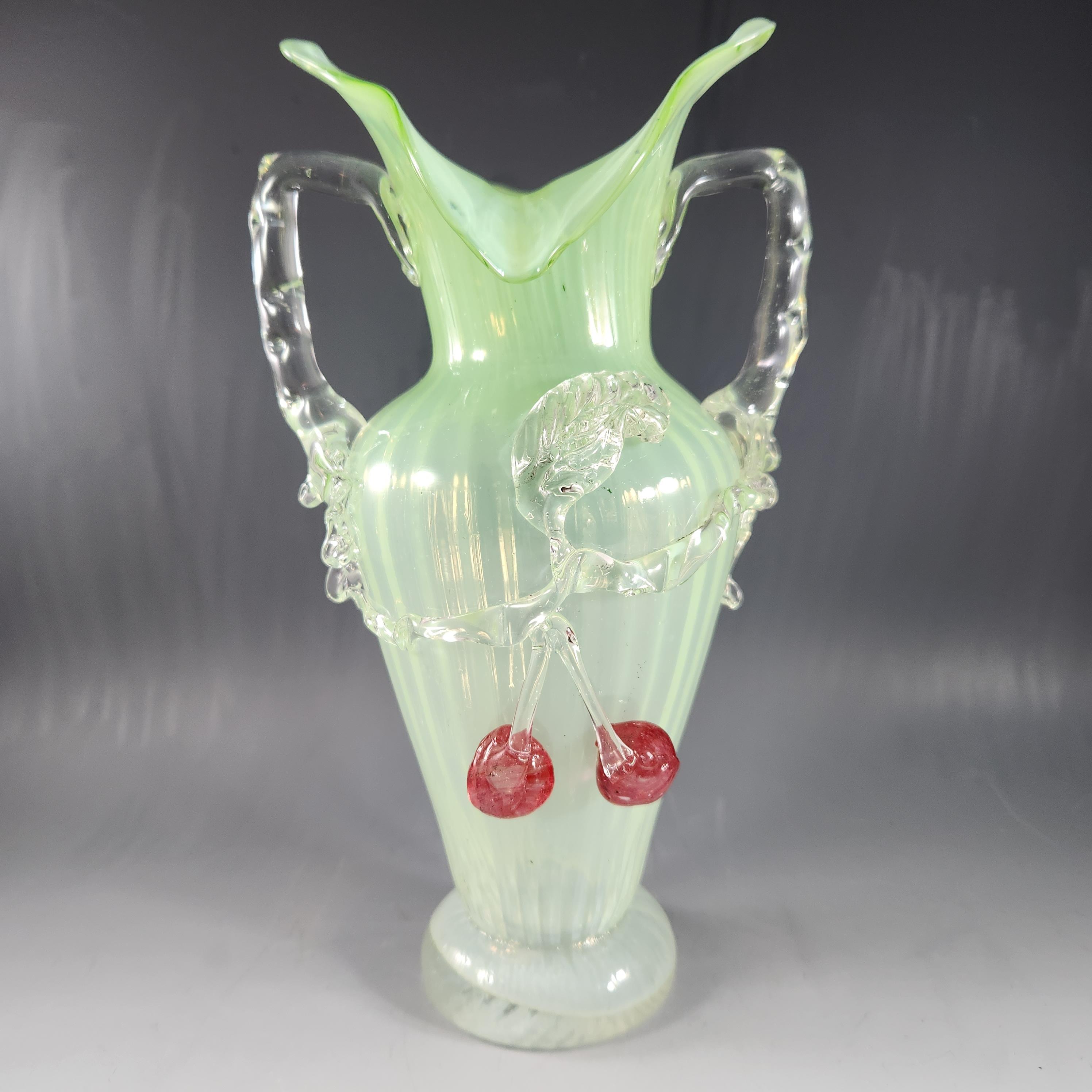 Victorian Art Glass Green Uranium Ribbed Vase w Applied Cherries ...