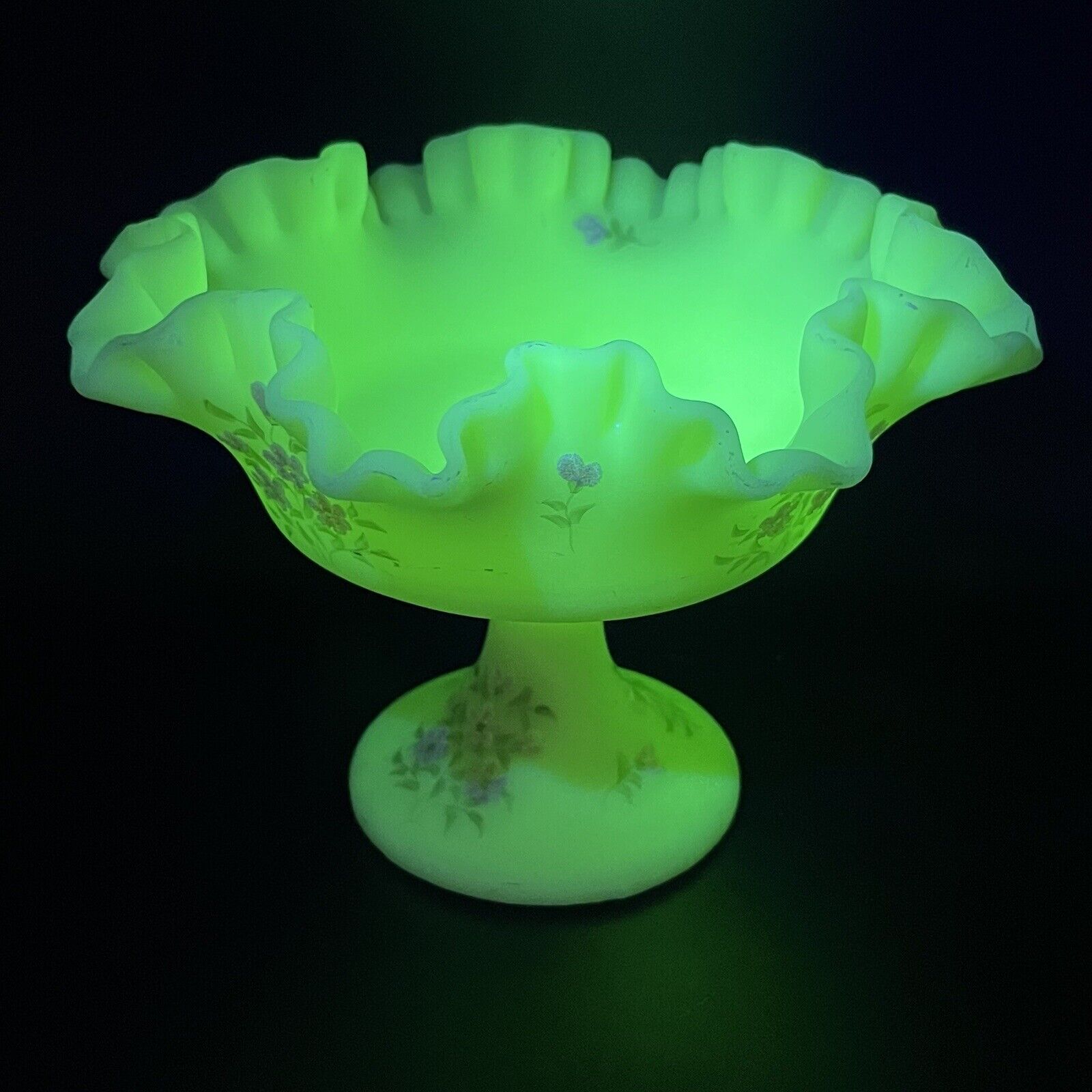 Fenton Uranium Custard Satin Glass Pink Blossoms Ruffled Pedestal Bowl ...
