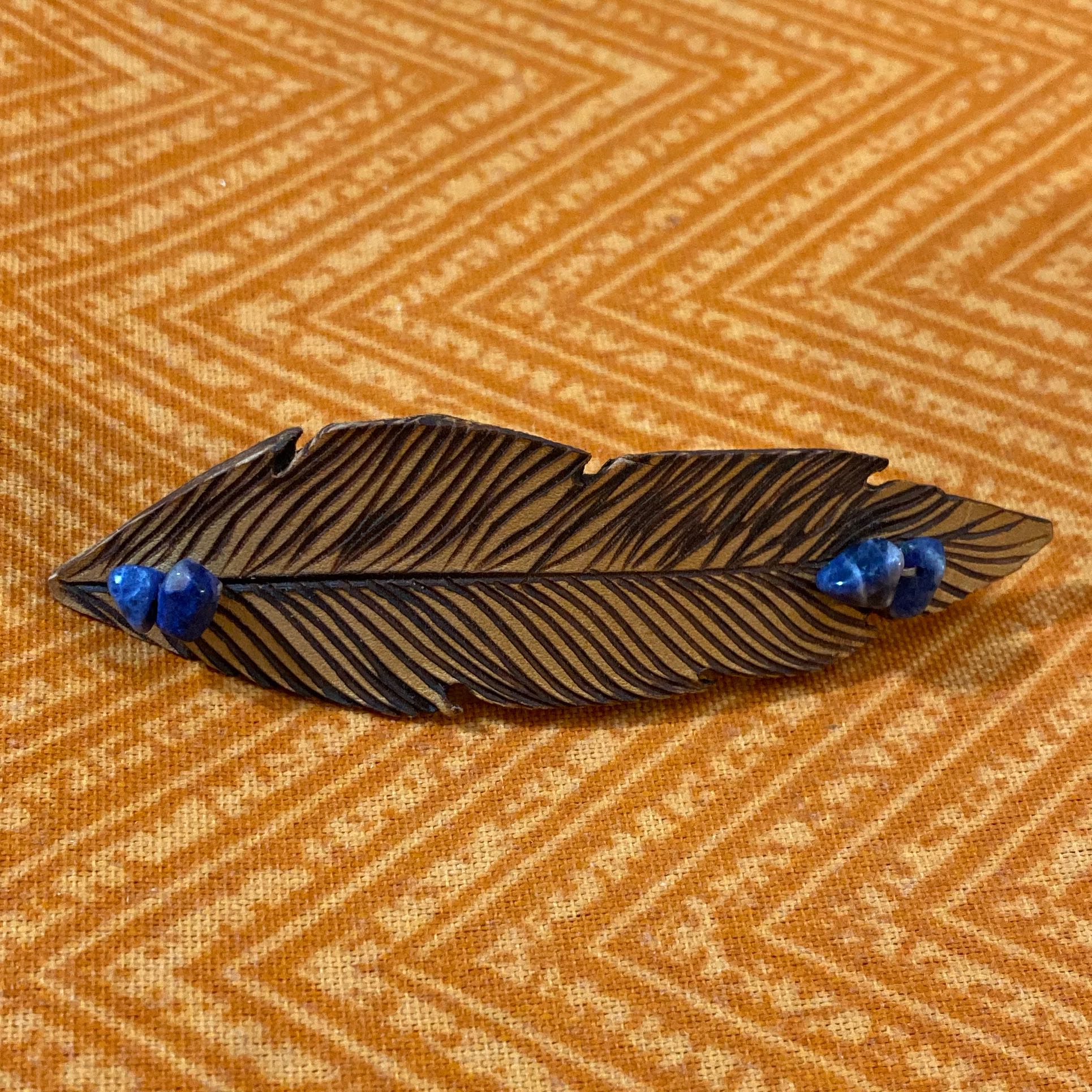 Blue Stone Leather Feather Barrette