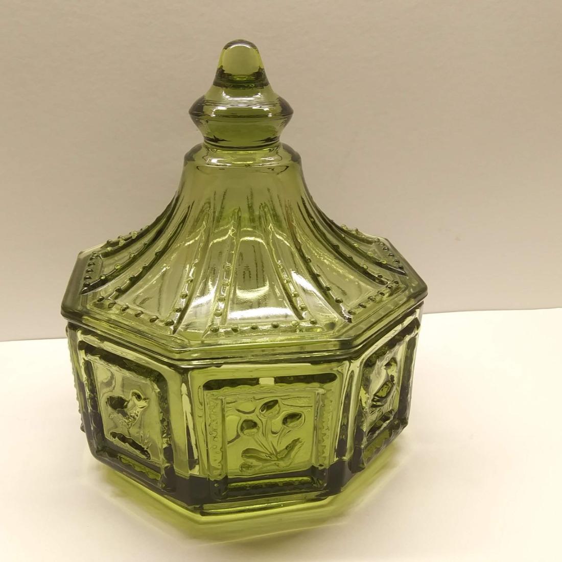 Indiana Glass Green Octagon Butterpat Design Candy Dish with Lid