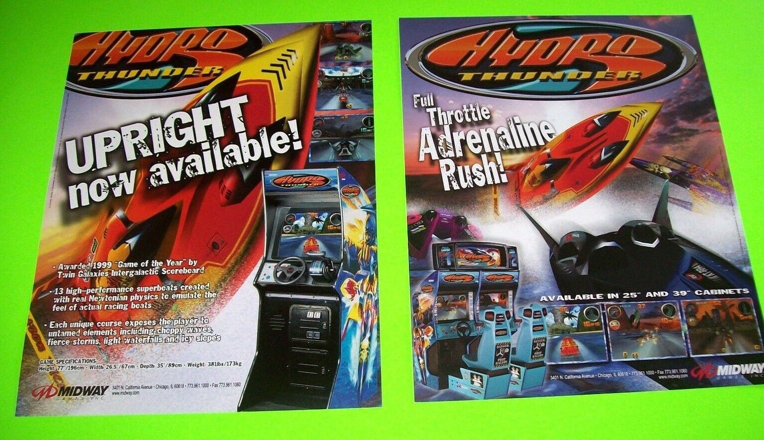 Hydro Thunder Arcade Flyers 1995 Set Of 2 Original Video Game Artwork 8 ...