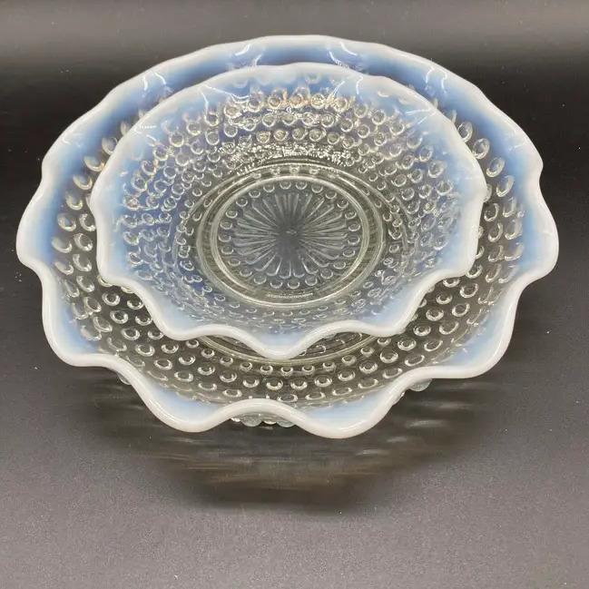 Moonstone Opalescent Hobnail Ruffle Edge Glass Pair Dishes Large/Small