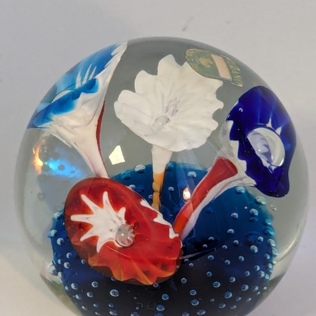 Vintage Murano Art Glass Paperweight Flowers Red White Blue Original ...