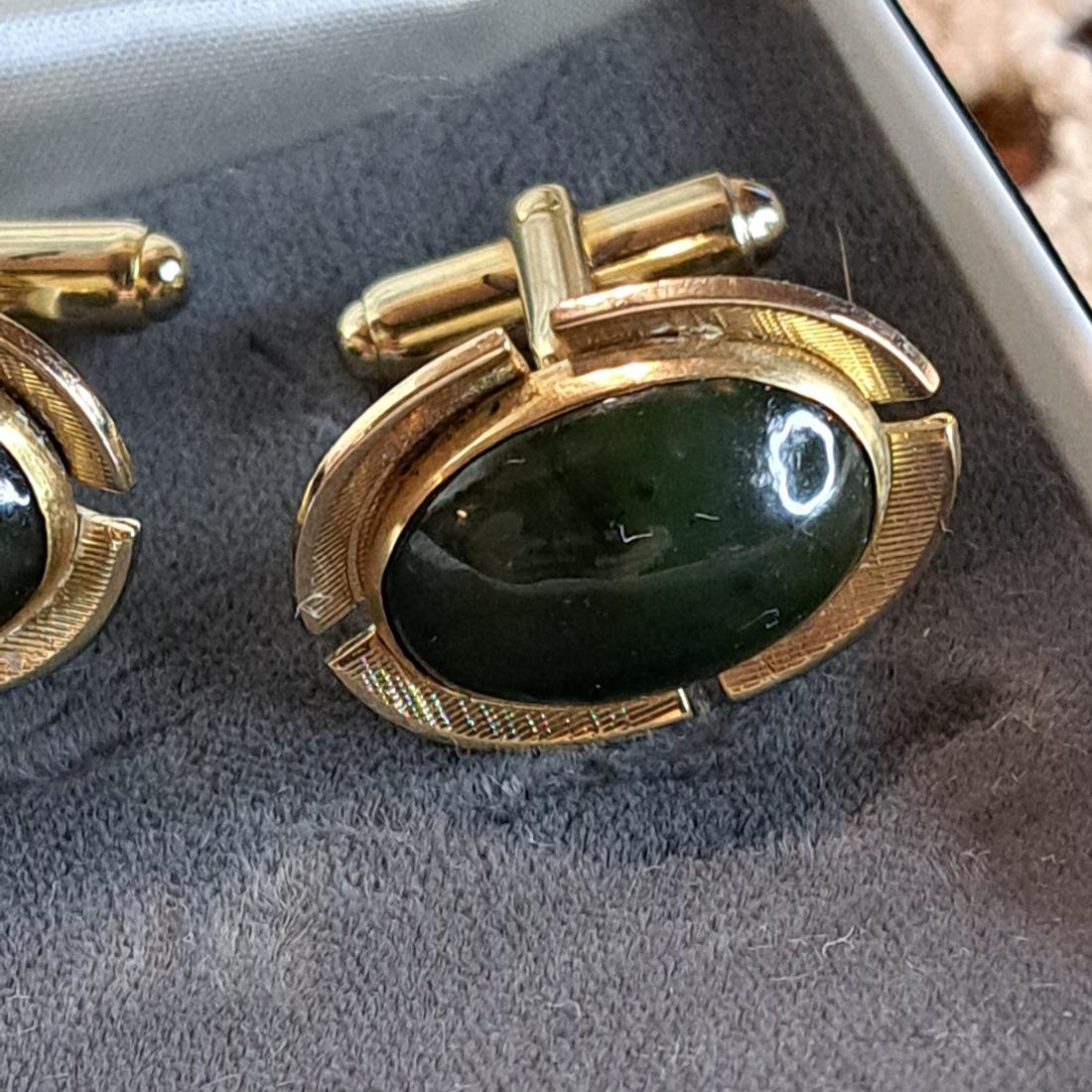 Vintage ANSON Gold Tone and Genuine Jade Men's Cufflinks with Box