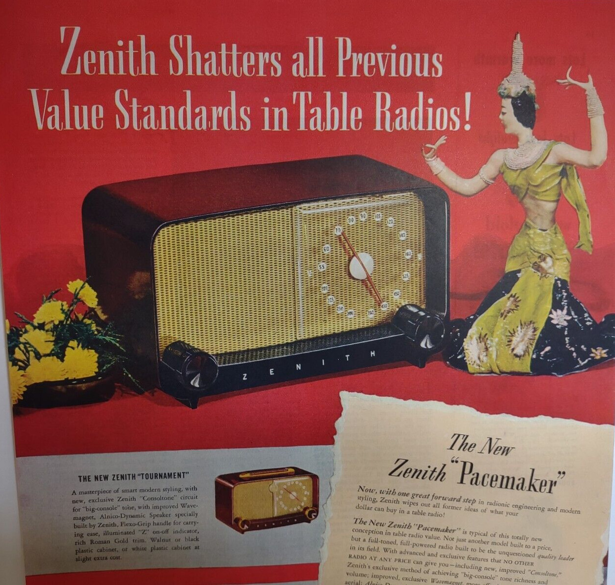 Zenith Pacemaker Tournament Zephyr Radio Print AD Vintage 1948 Ready To ...