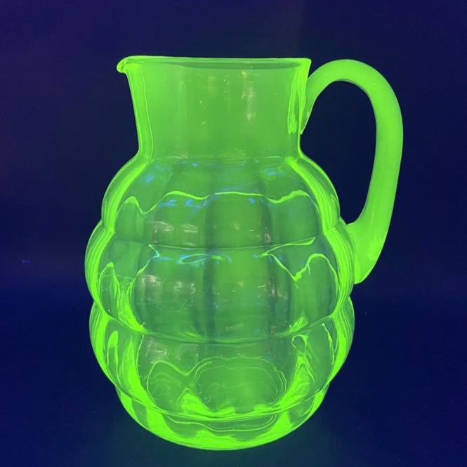Antique Uranium Glass Pitcher 1920’s Mutt And Jeff Glass Beverage Pitcher