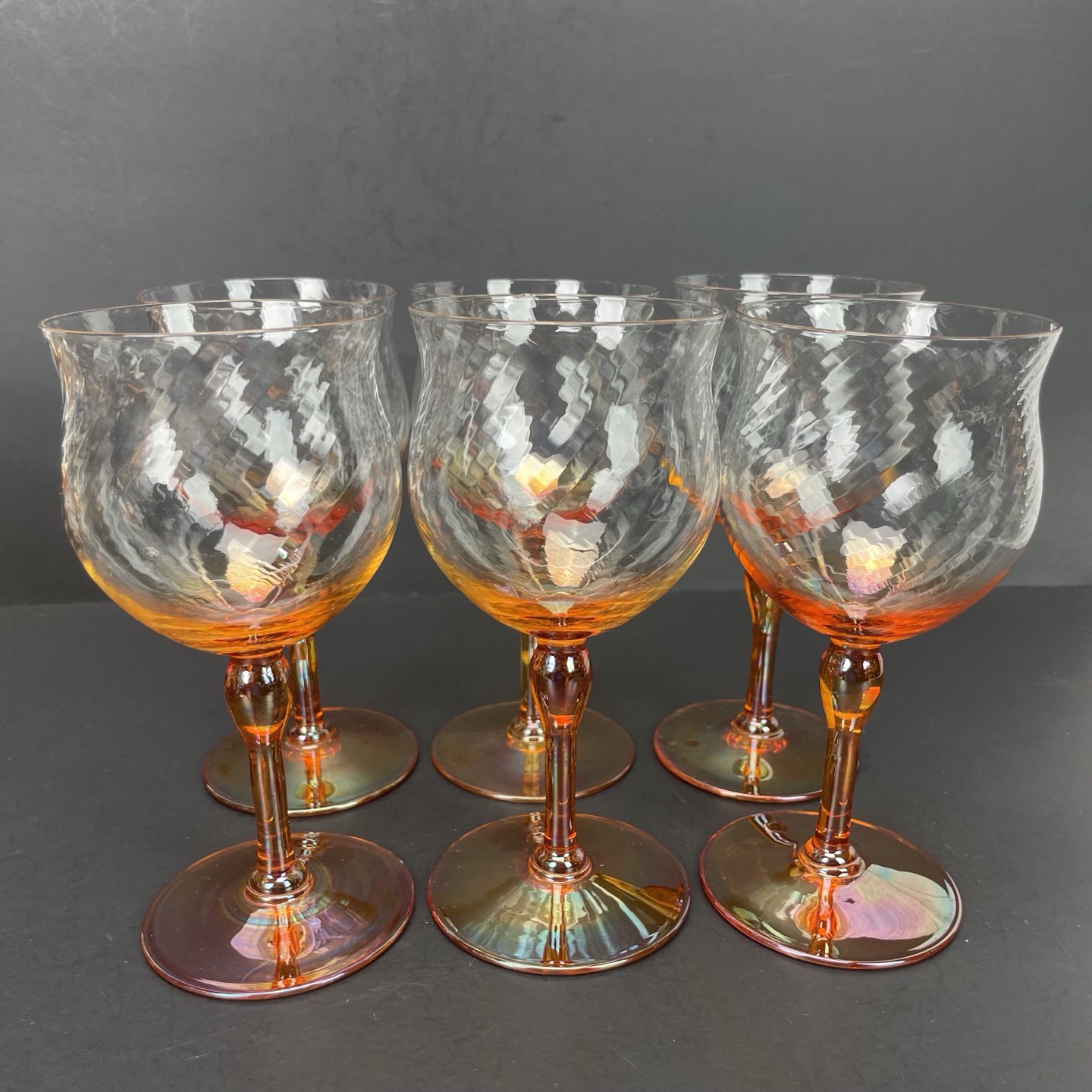 Iridescent Art Glass Wine Glasses Orange to Clear Goblets Barware MCM ...