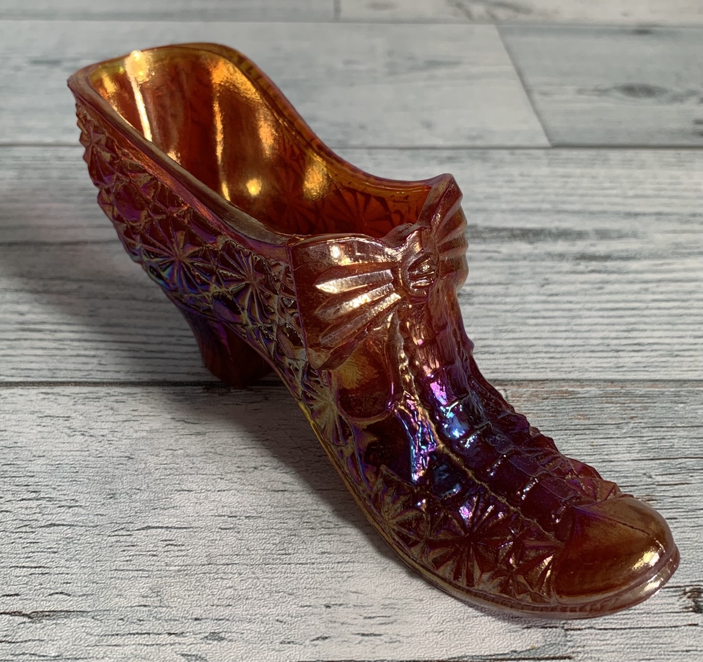 Boyd Show With Bow Marigold Carnival Glass Marked B