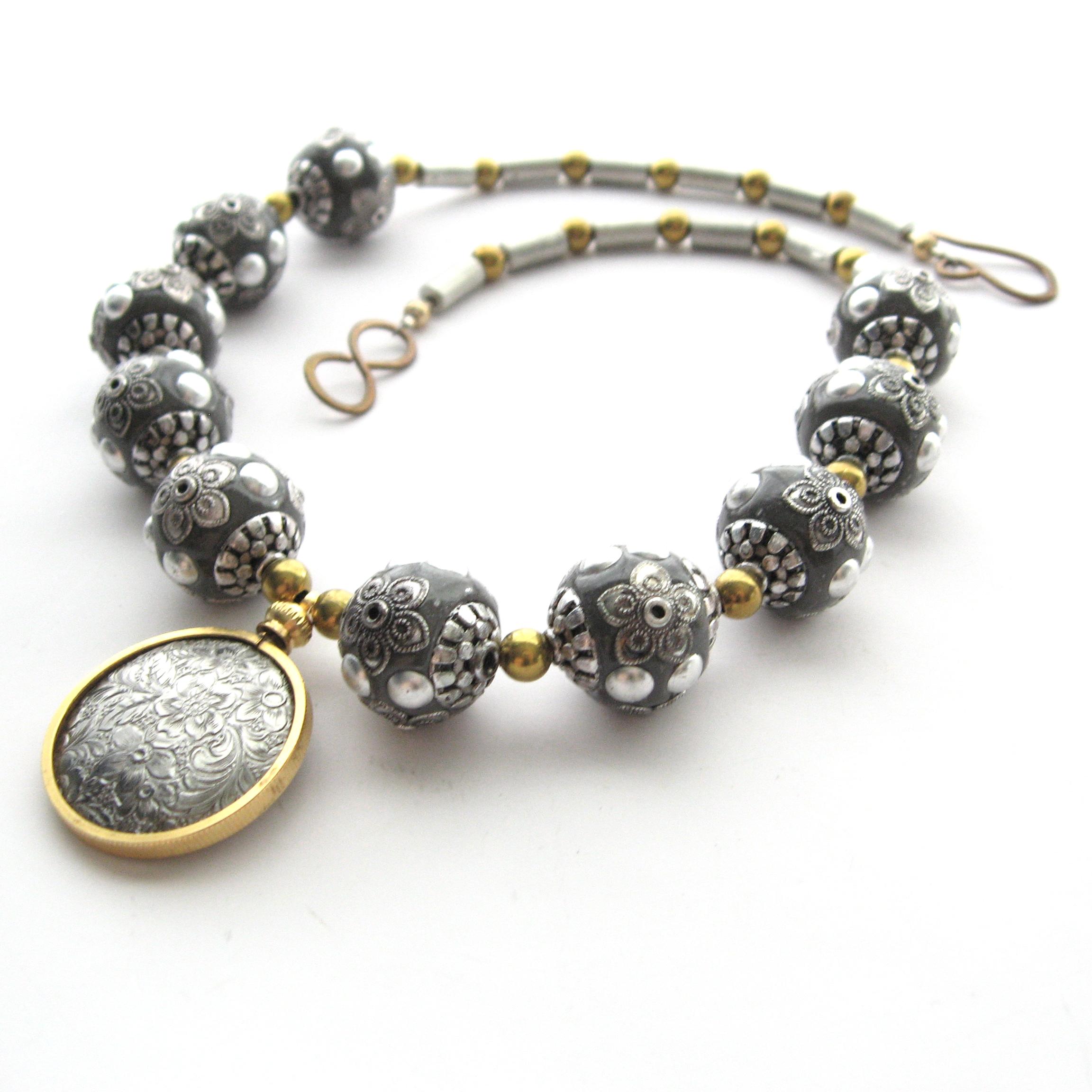 Handmade Chunky Bold Bead Necklace Vintage Silver Tone Brass Embossed ...