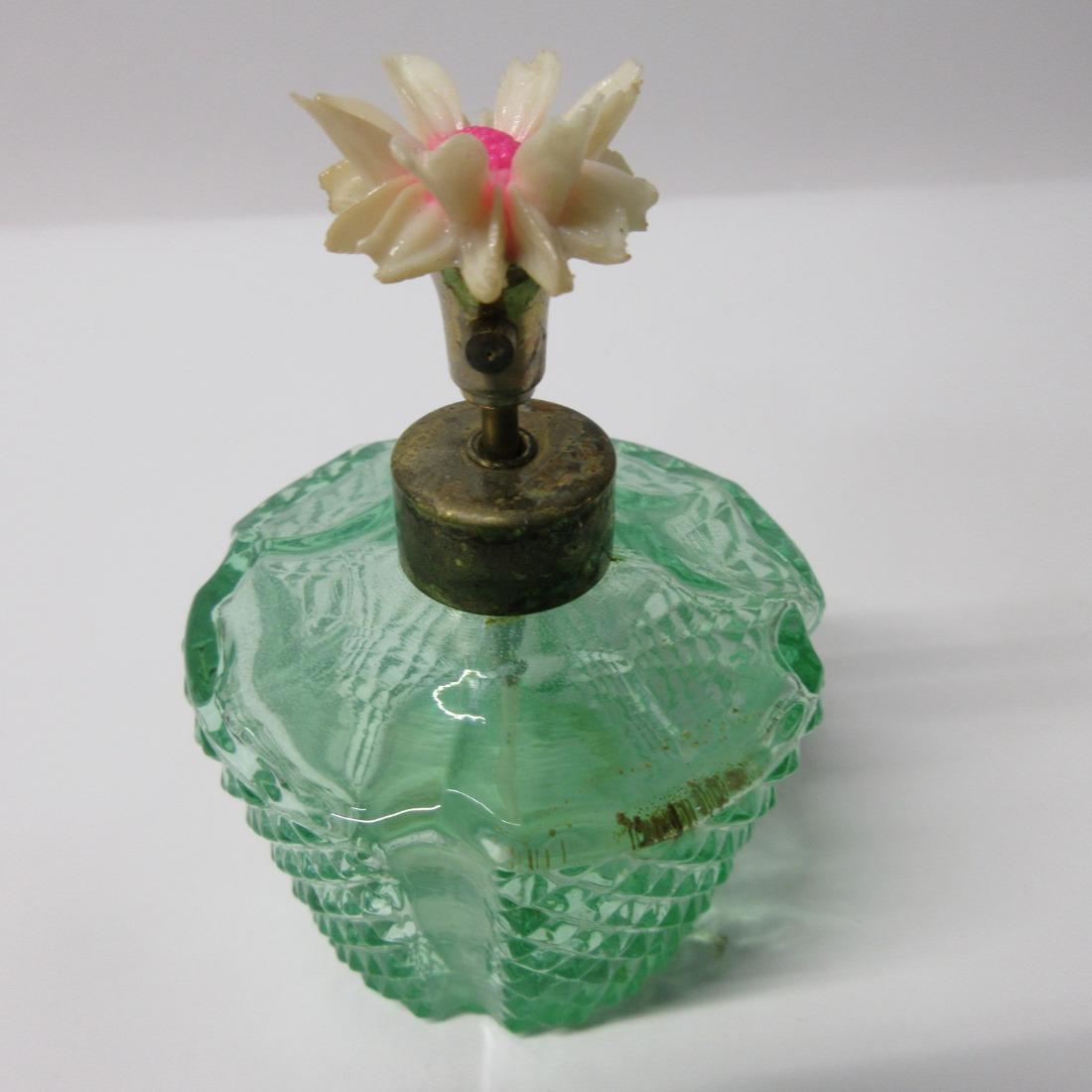 Vintage 1950's I.W. Rice Japan Perfume Bottle Green w/Flower