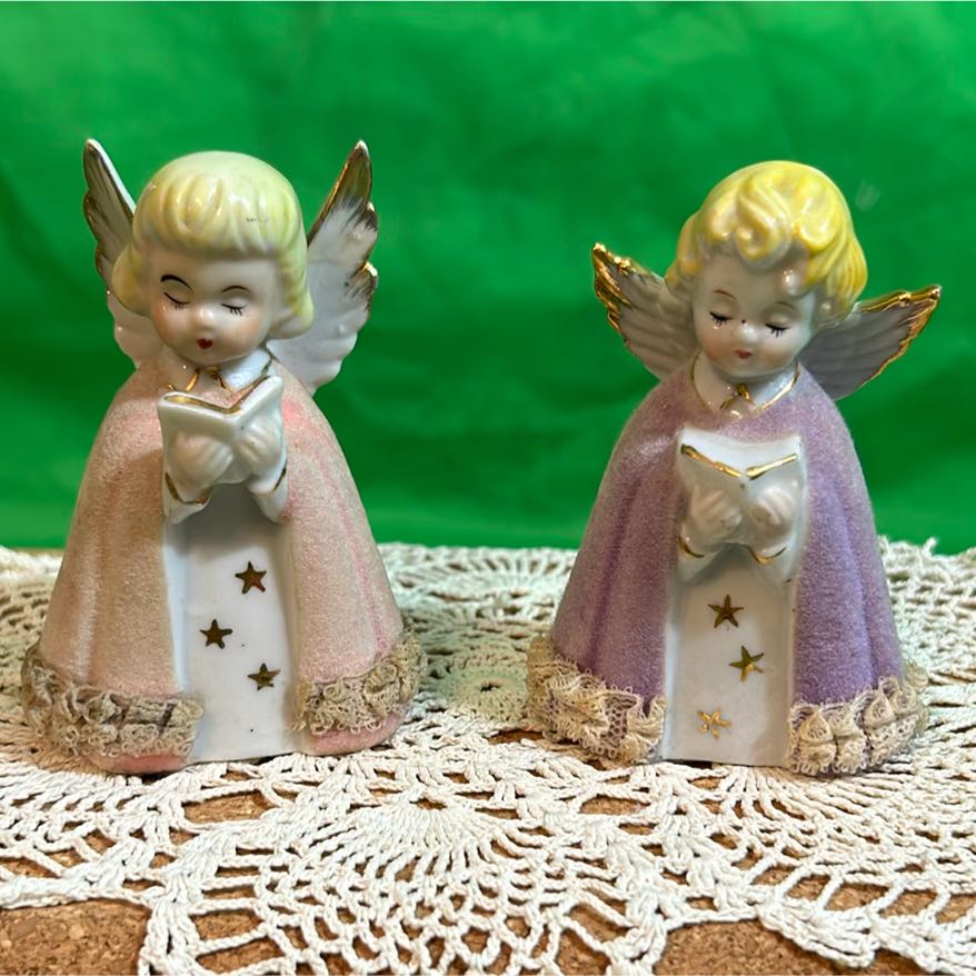 Japan porcelain angel figurine flocked robe-genuine lace trim