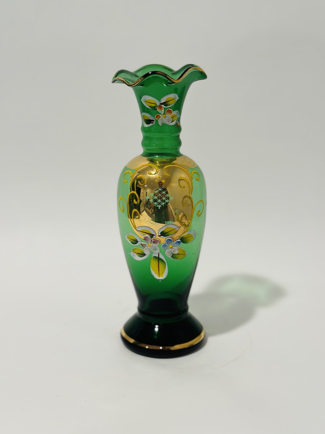 Vintage Emerald Green Glass Hand Painted Flower Bud Vase Gold Bohemian ...