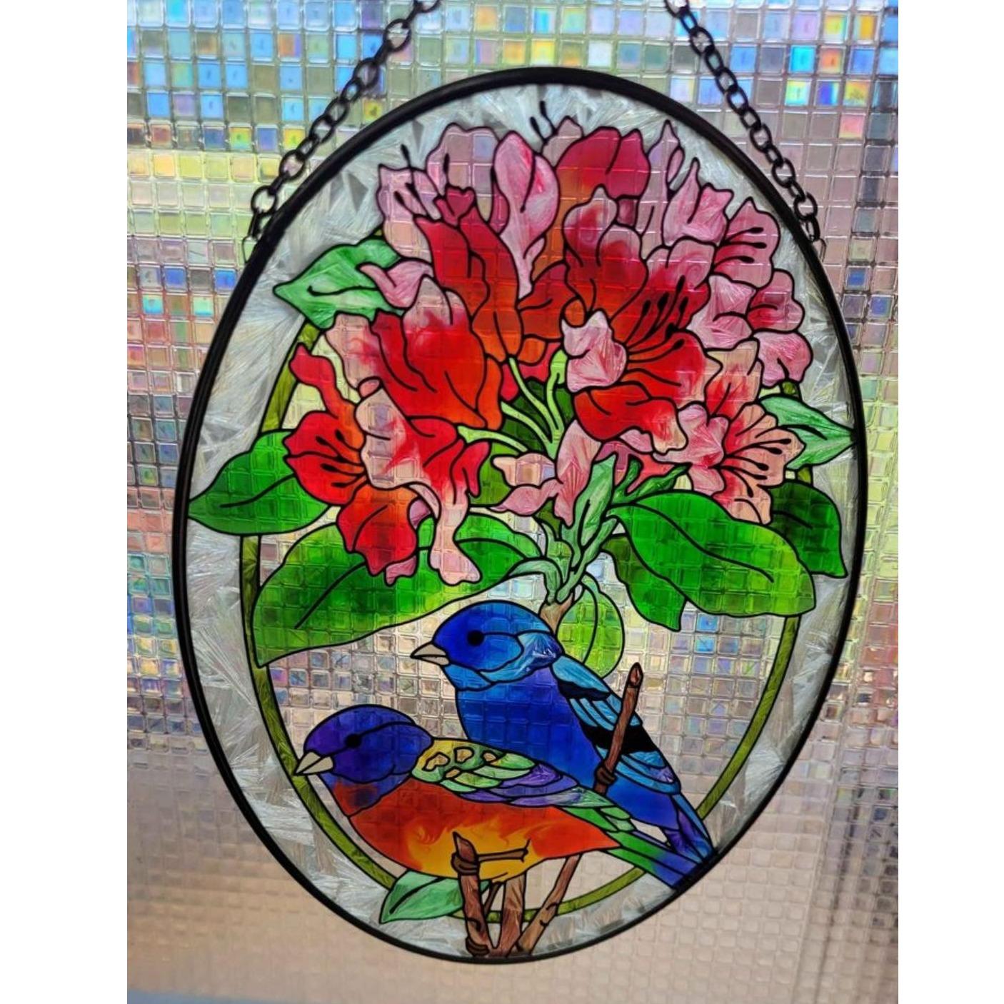 Vintage AMIA Handpainted Birds Oval Suncatcher