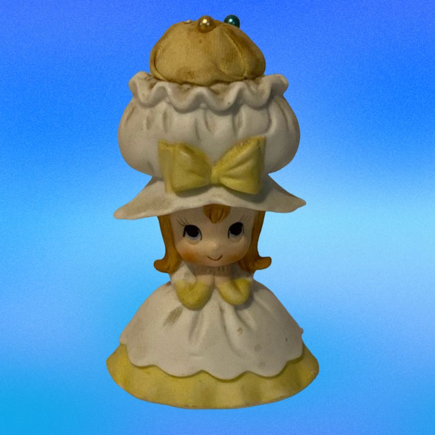 Vintage Lefton China Cute Girl Figurine with Pin Cushion Hat, Hand Painted