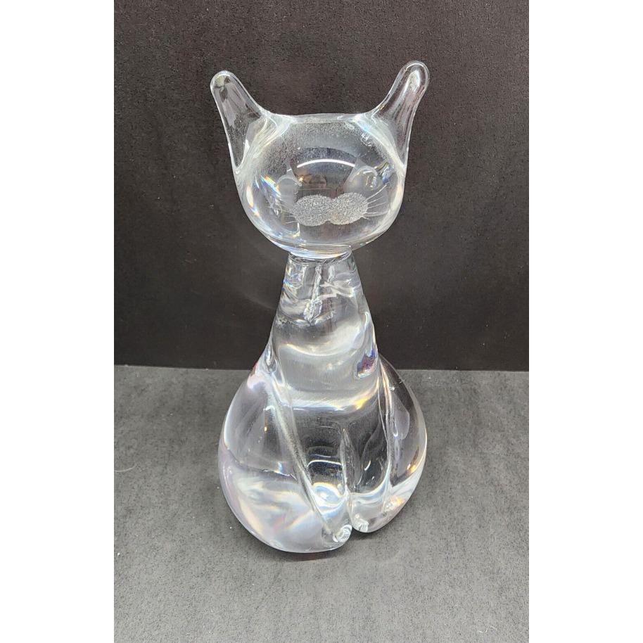 Signed Art Glass Figural Cat Paperweight Cute Etched Face 5"