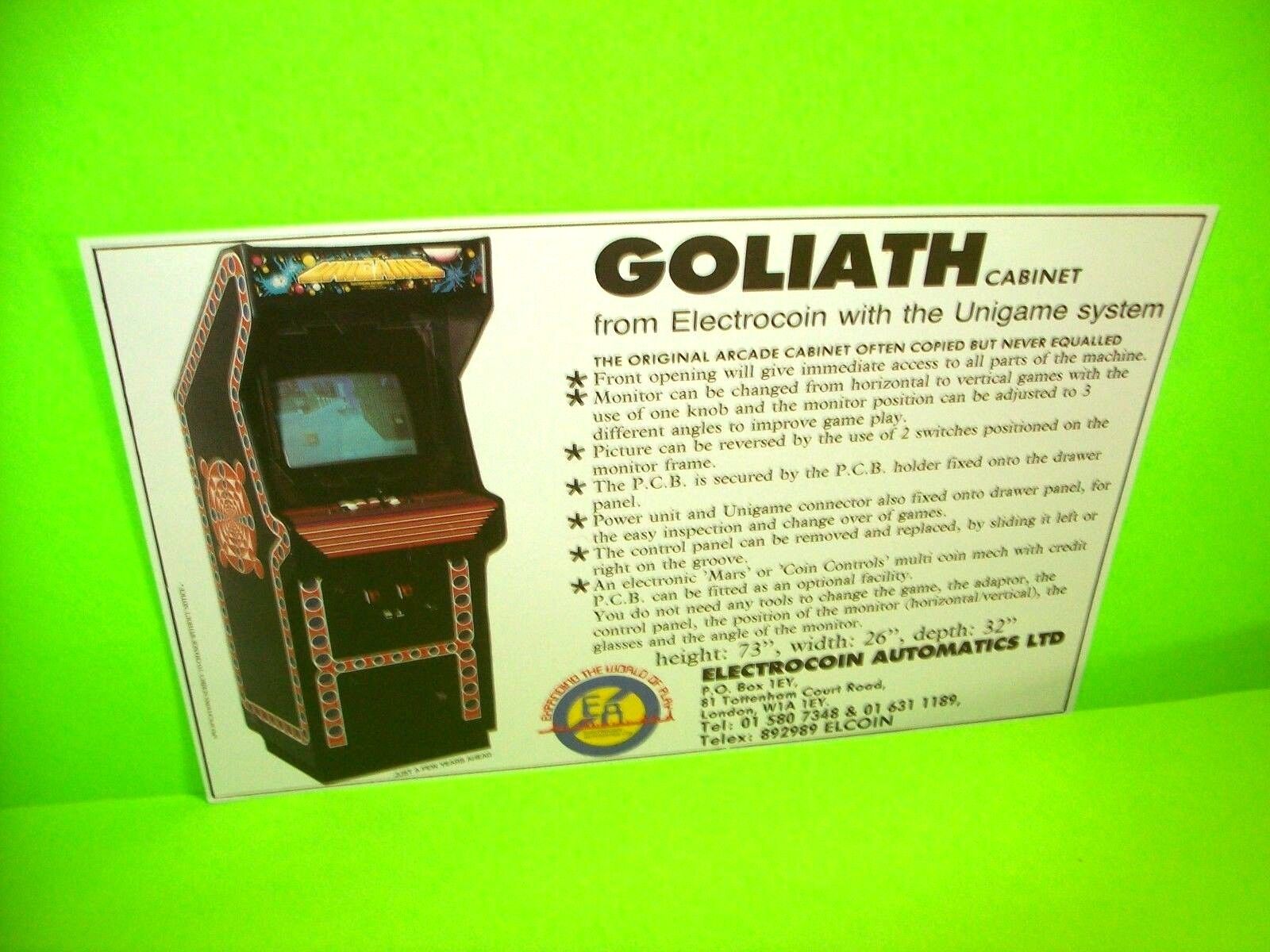 Unigame GOLIATH Cabinets Original NOS Video Arcade Game Flyer ...