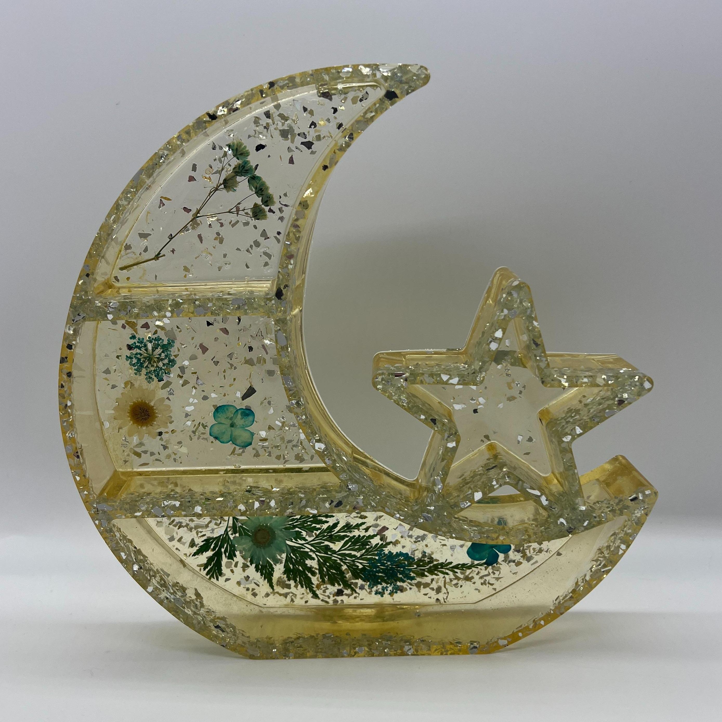Resin Moon and Star Wall Art Pressed Flowers Glitter Mini Cubbies Celestial