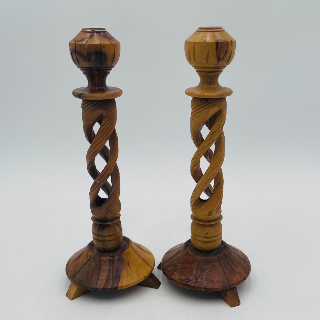 Mid-Century Olive Wood Braid Hand Carved Wooden Candle Stick Holders