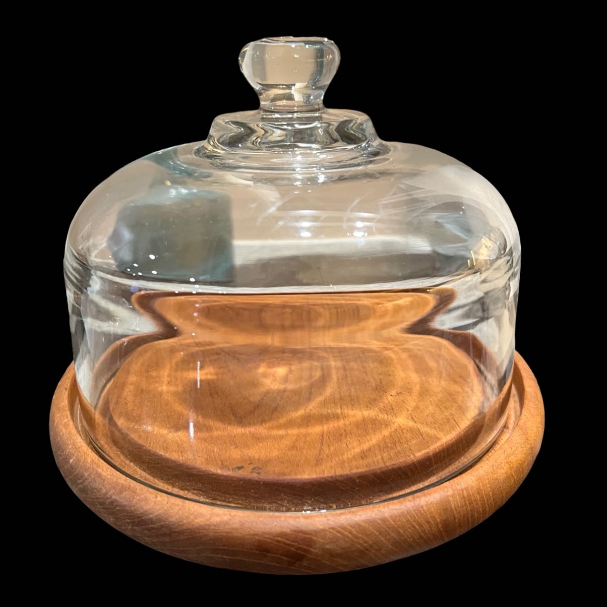 Vintage Glass Cloche & Teak Wood Cheese Dish Entertaining Farmhouse