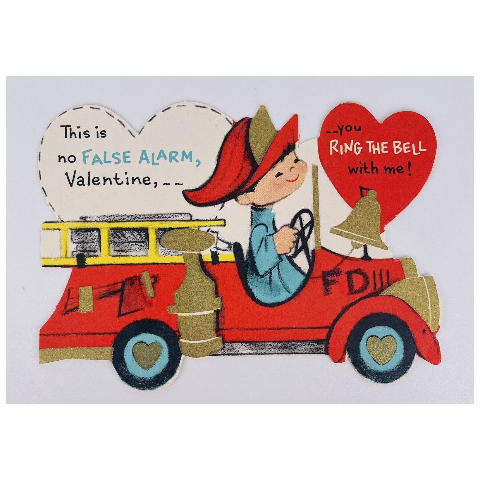 Vintage Valentine Card Fire Truck False Alarm Ring the Bell