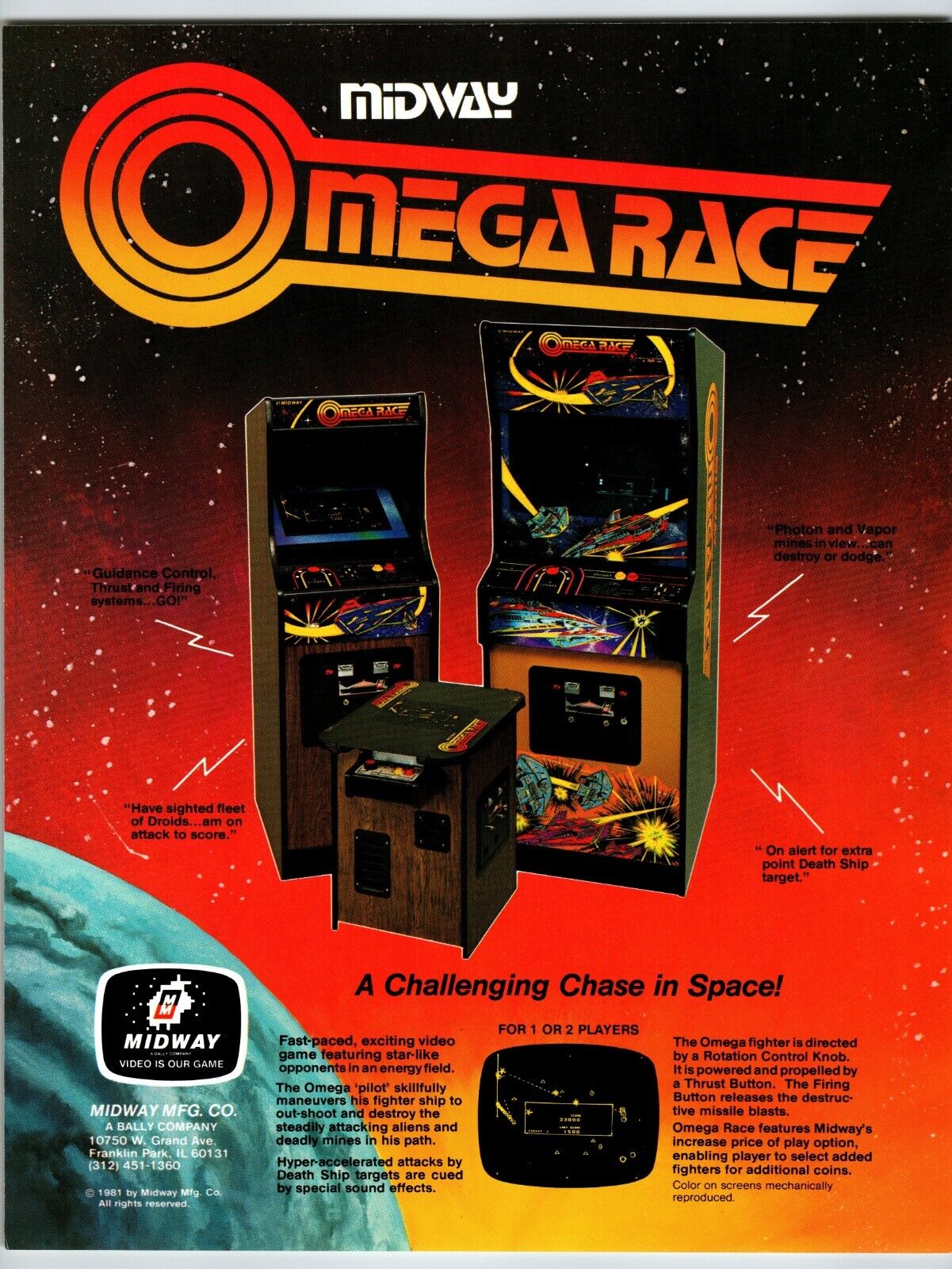 Omega Race Arcade Game Flyer Original Video Art Alien Space Age Retro 1981