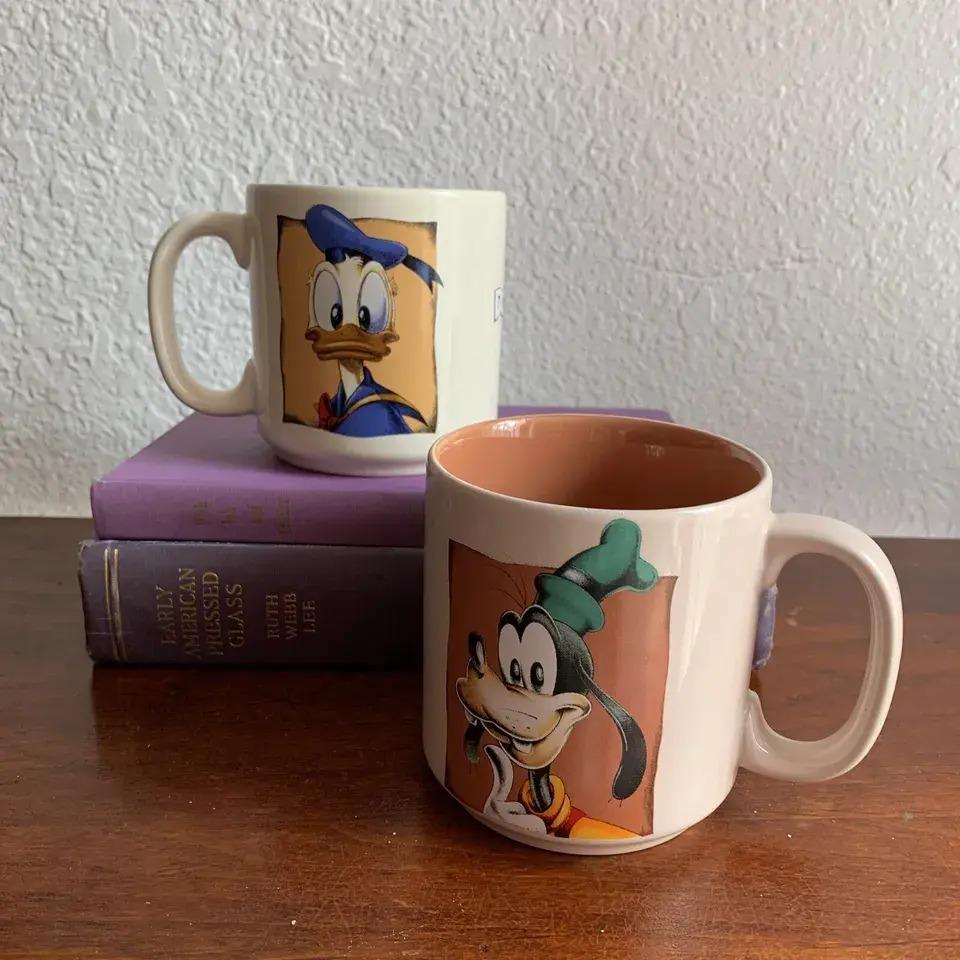 Pair Of 90s Disney Goofy & Donald Ceramic Mugs Tan Coffee Tea