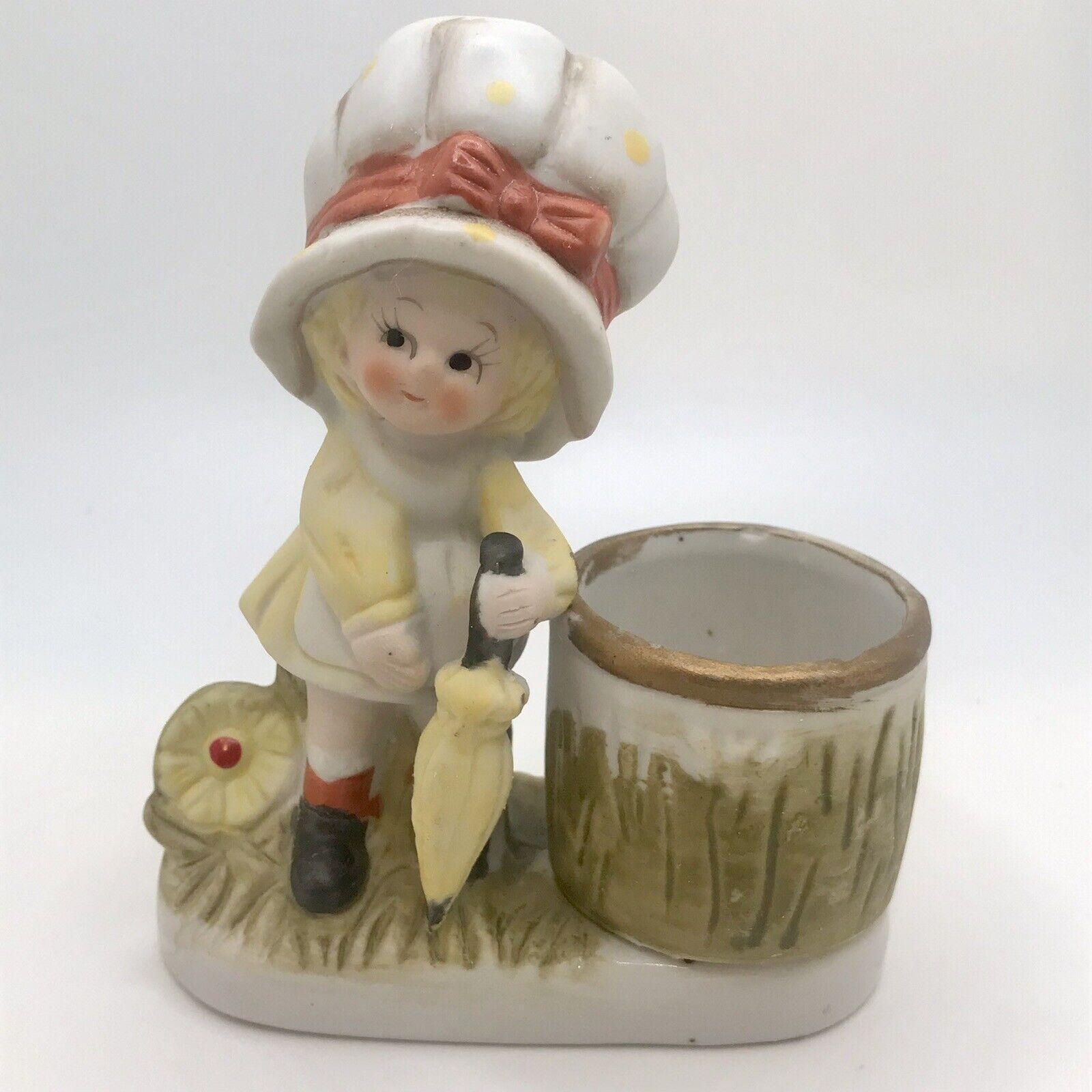 Vintage Jasco Little Luvkins Porcelain Bonnet Girl with Umbrella Candle Holder 1979