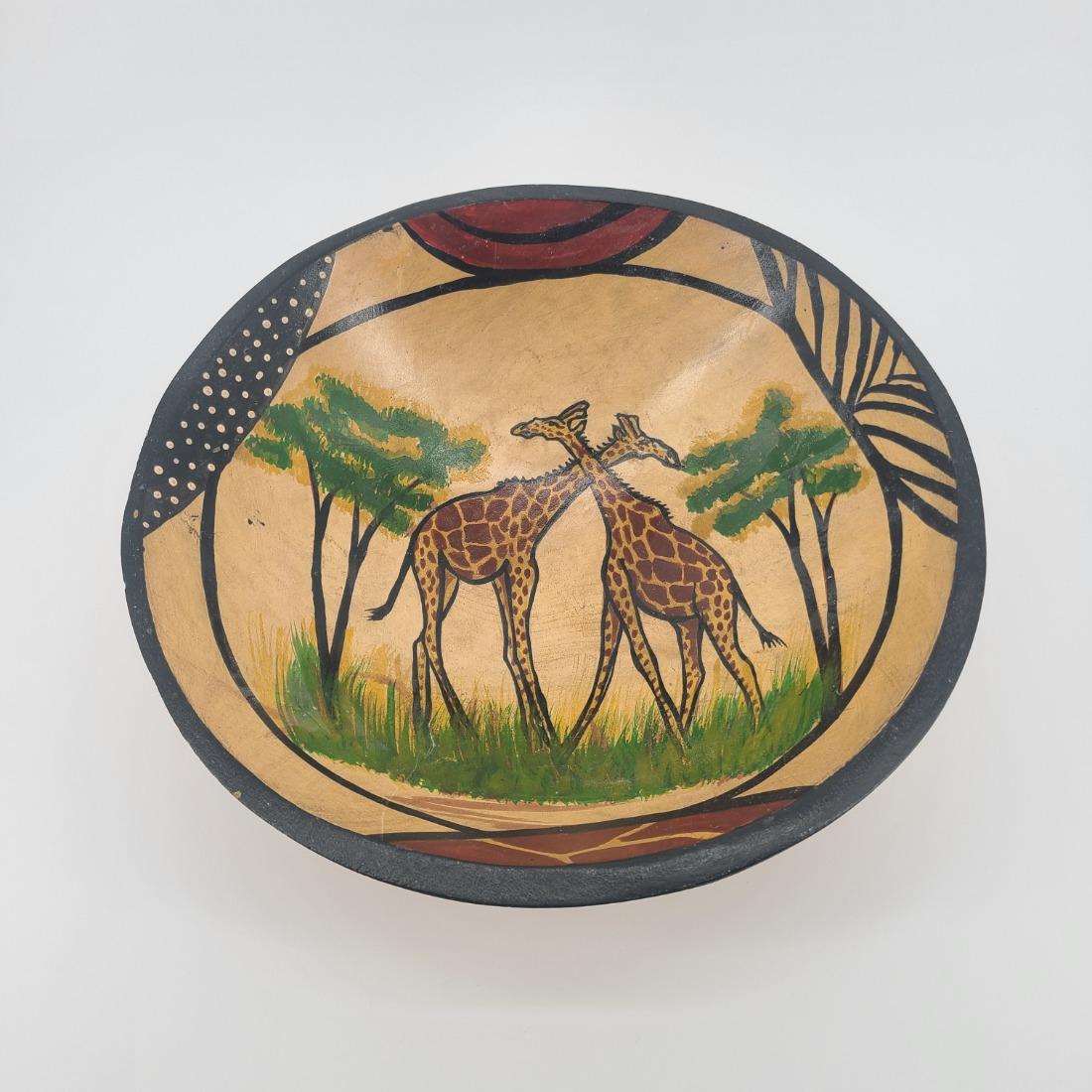 African Wood Bowls Hand Carved Painted Giraffes Vintage Set of 2
