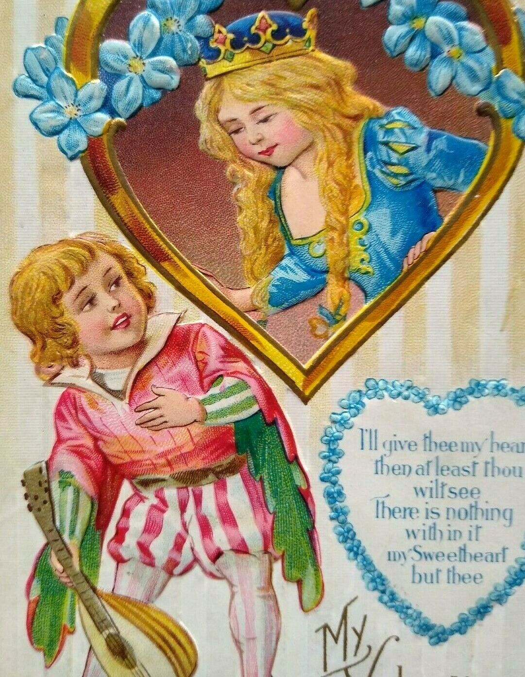 Valentine Victorian Postcard Nash Princess Lute Guitar Player Striped ...