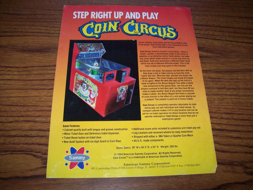 Coin Circus Arcade Flyer Sammy 1994 Vintage Original Artwork Sheet 8.5 ...