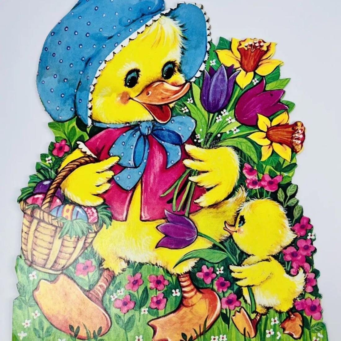 Vintage Spring Easter Baby Duck Mom Duck in Bonnet Tulips Double Sided ...