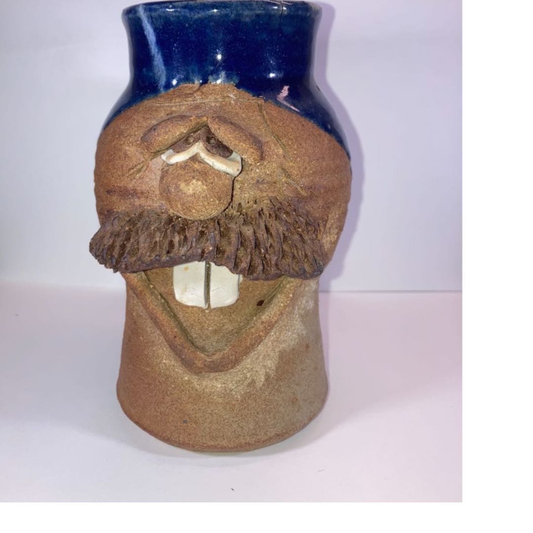 UGLY 3D FACE MUSTACHE MUG STONEWARE ART POTTERY SIGNED LB