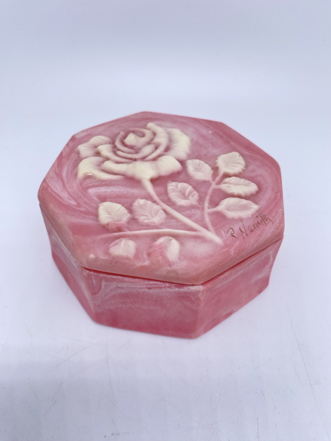 Vintage Robert Nemith Incolay Octagonal Pink Rose Trinket Box