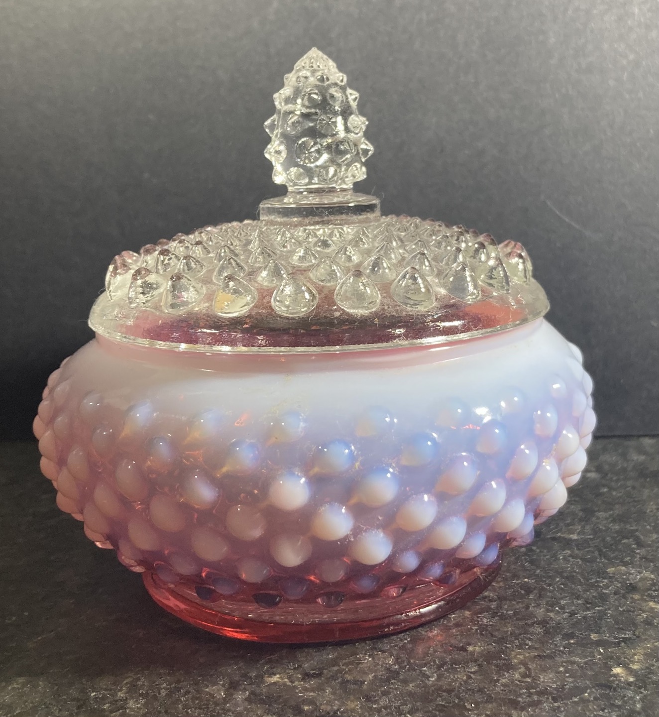Fenton Cranberry Opalescent Hobnail Powder Jar With Clear Lid
