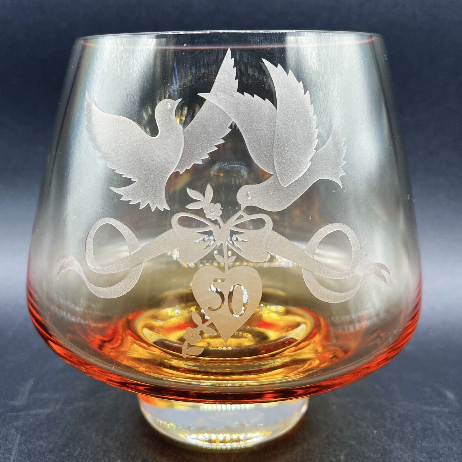 RARE BLOWN GLASS GOLDEN ANNIVERSARY BOWL DENIS MANN SCOTLAND AMBER DOVES