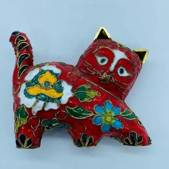 Vintage Asian Red Enamel Cloisonné Cat Figurine