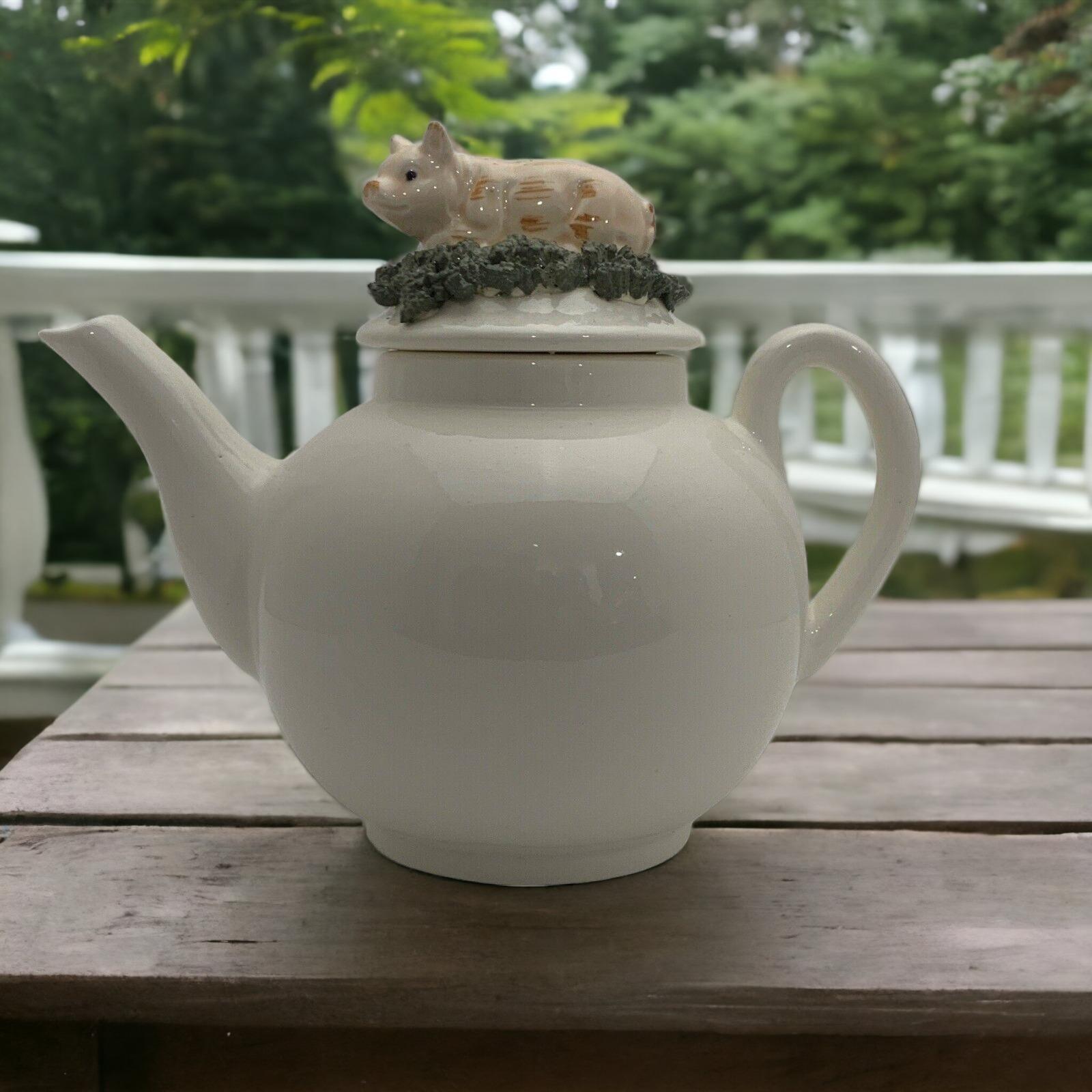 Vintage Seymour Mann Ceramic Pig Teapot Pink Pig on Green Wreath Lid 1982