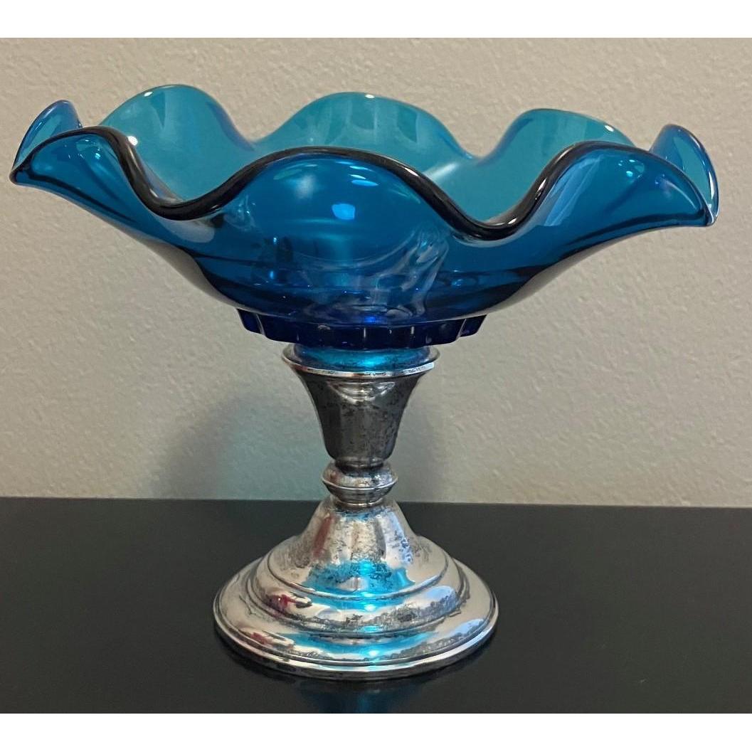 Frank M Whiting Sterling Silver Base Blue Compote Candy Dish #2007