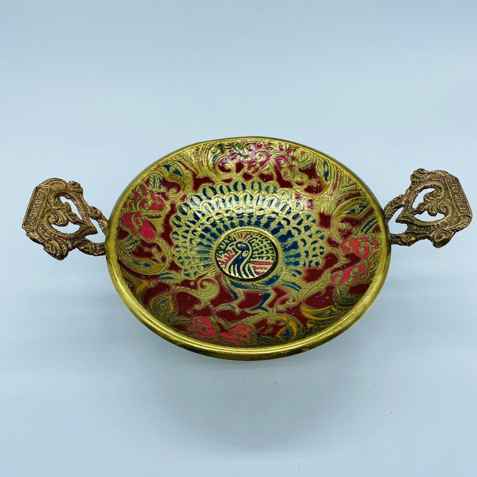 Brass And Enamel Double Handled Footed Bowl Peacock Jerusalem