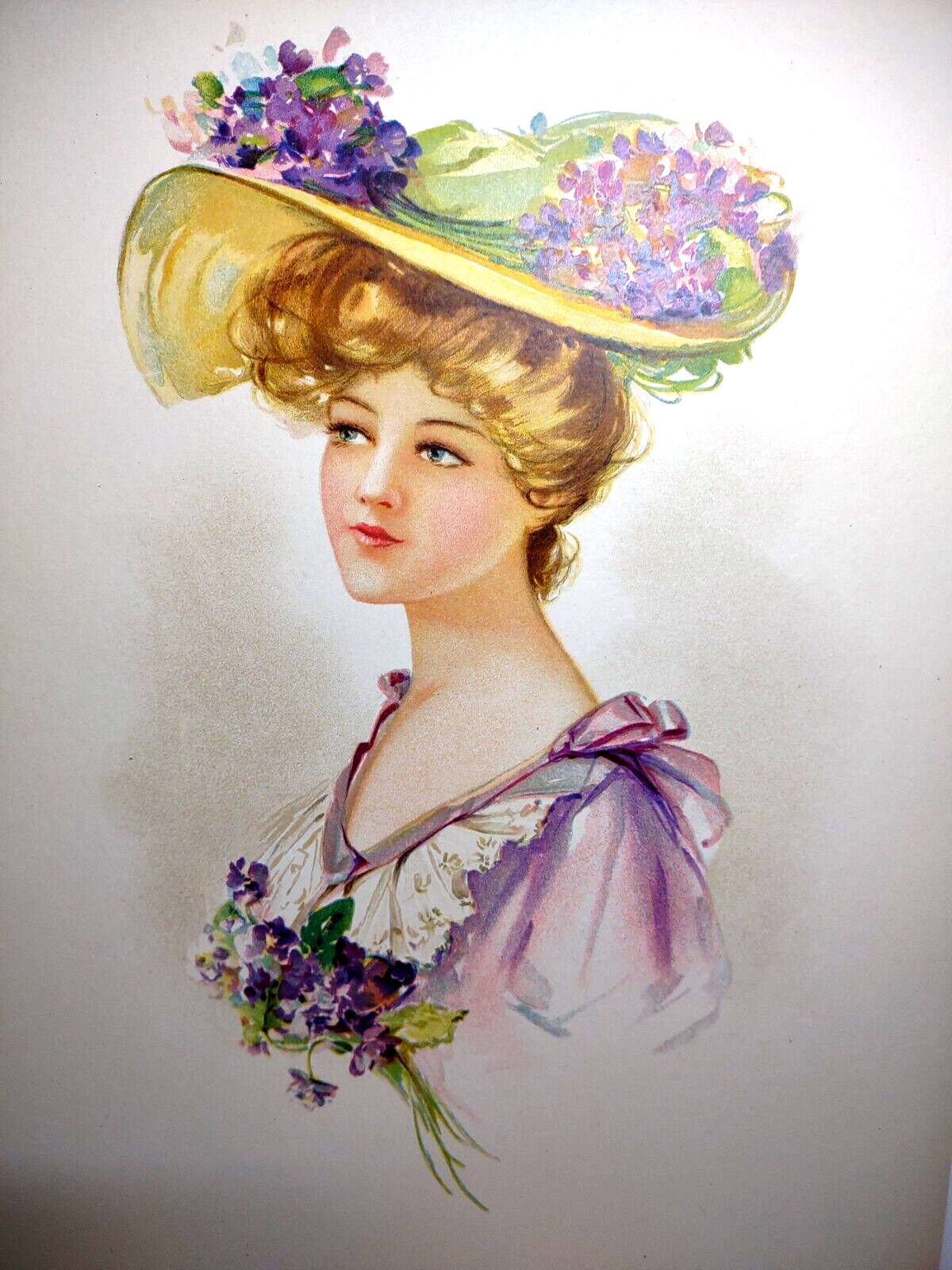 Victorian Art Print Lovely Women Wears Fancy Flower Hat Lithograph 1908 ...