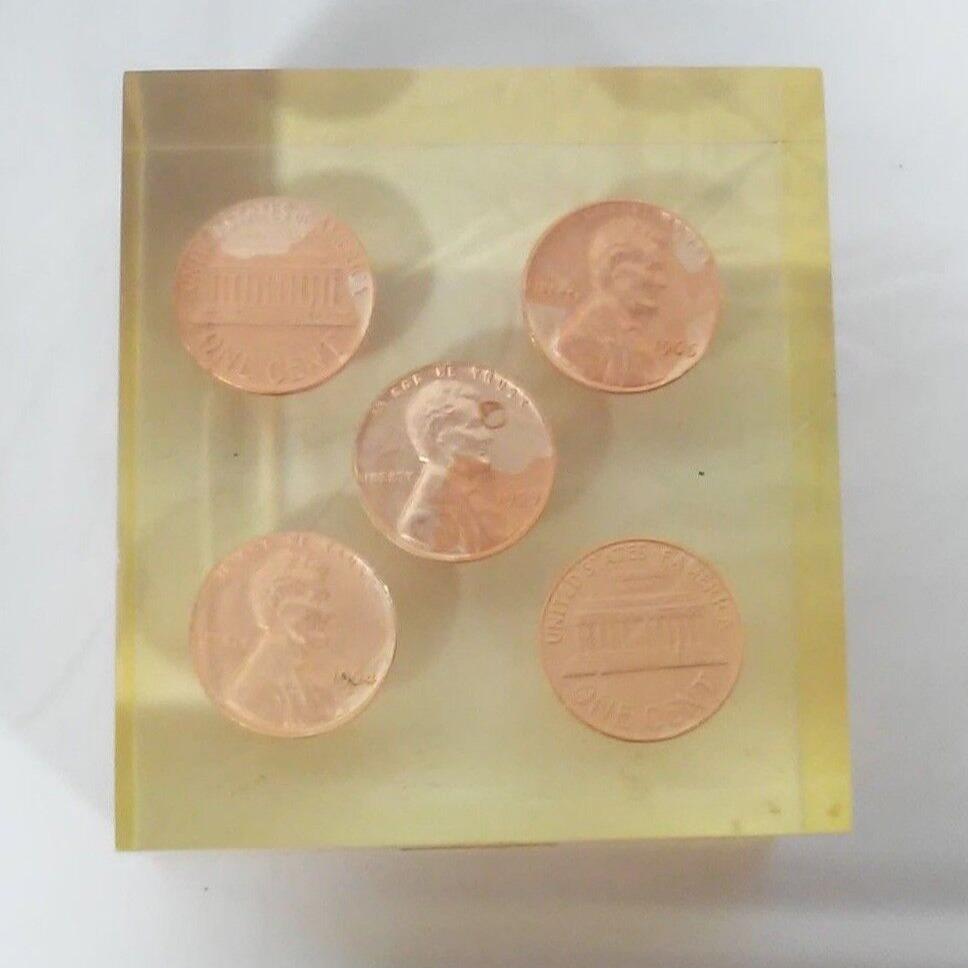 Lucite Rectangle 5 Pennies Paperweight