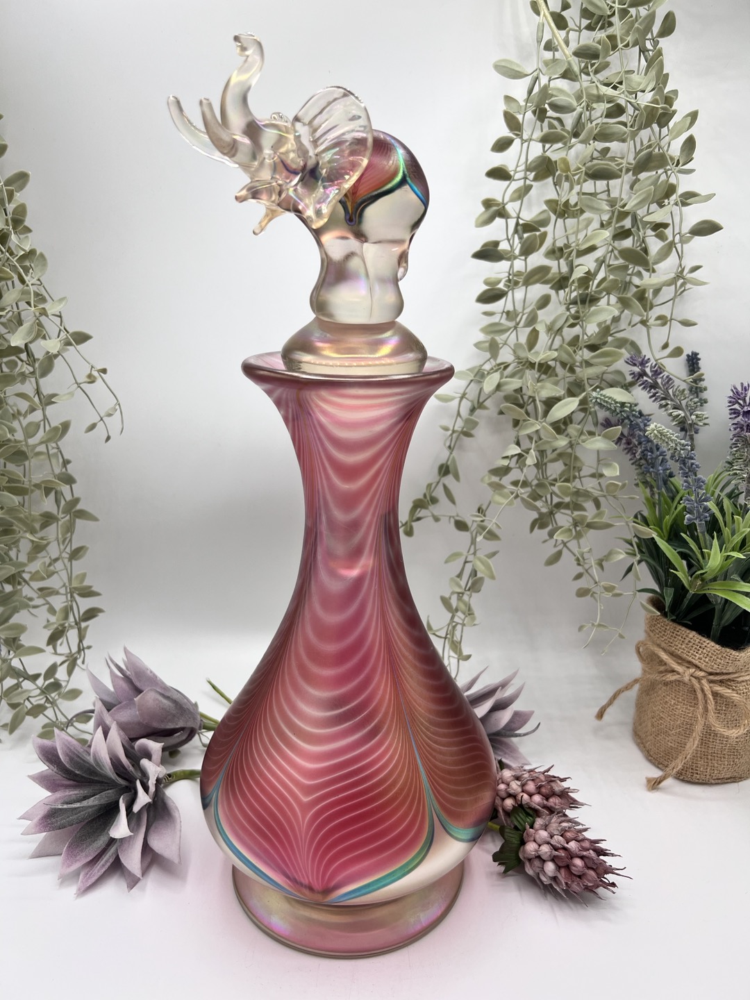 Stuart Abelman Feathered Art Glass Amphora Decanter Elephant Stopper