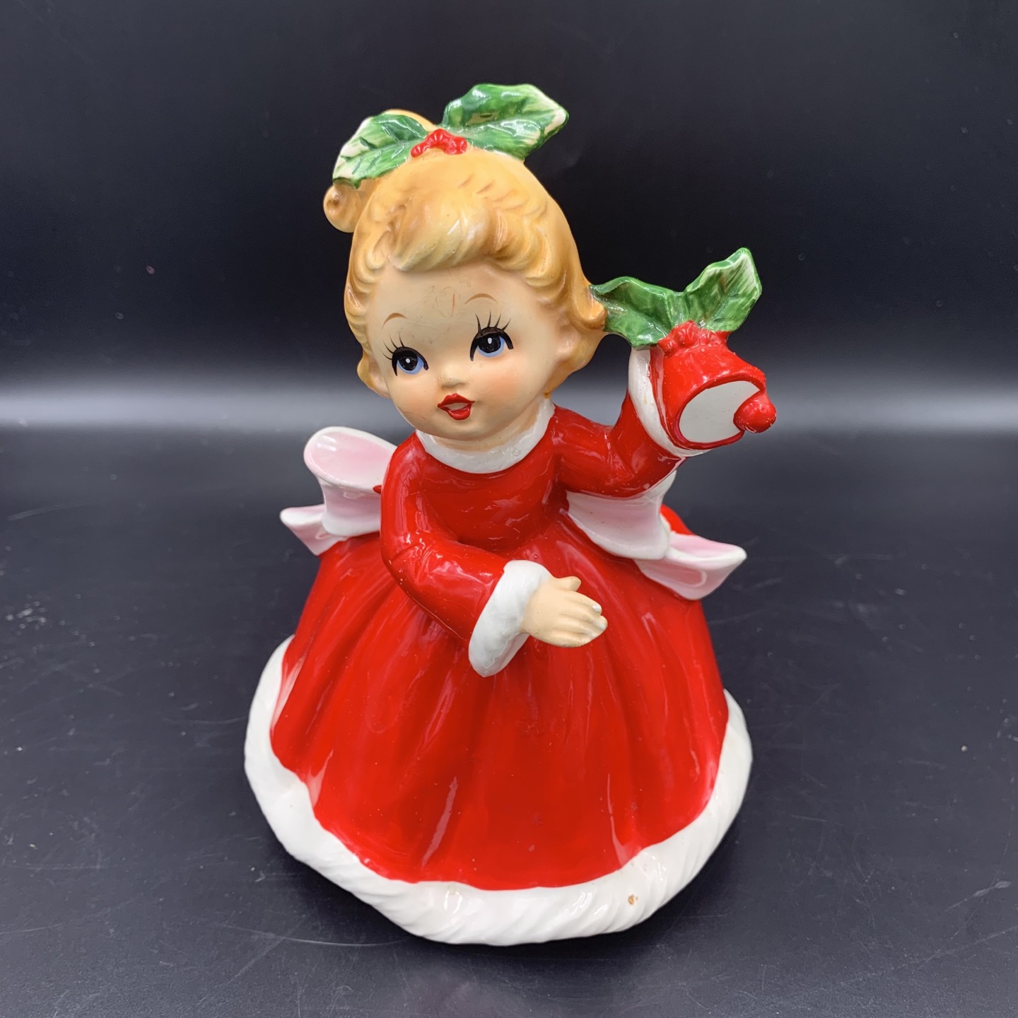 Vintage Christmas Relpo Planter Kitsch Girl In Red Dress