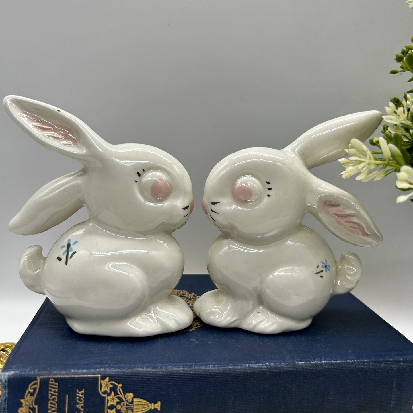 Set of 2 Vintage Ceramic Hand Painted Easter Bunny Rabbit Figurine